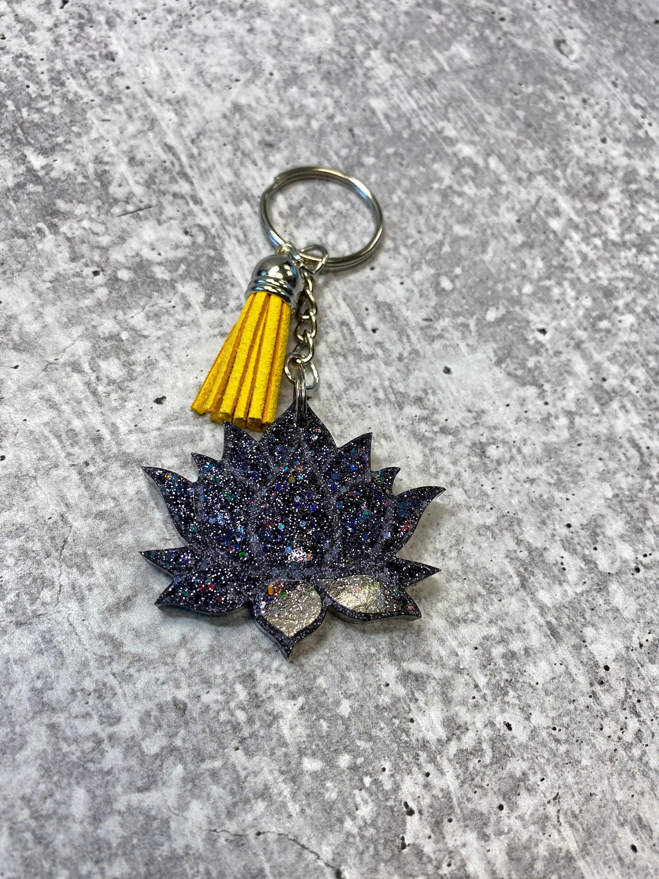 Black Glitter Lotus Keychain