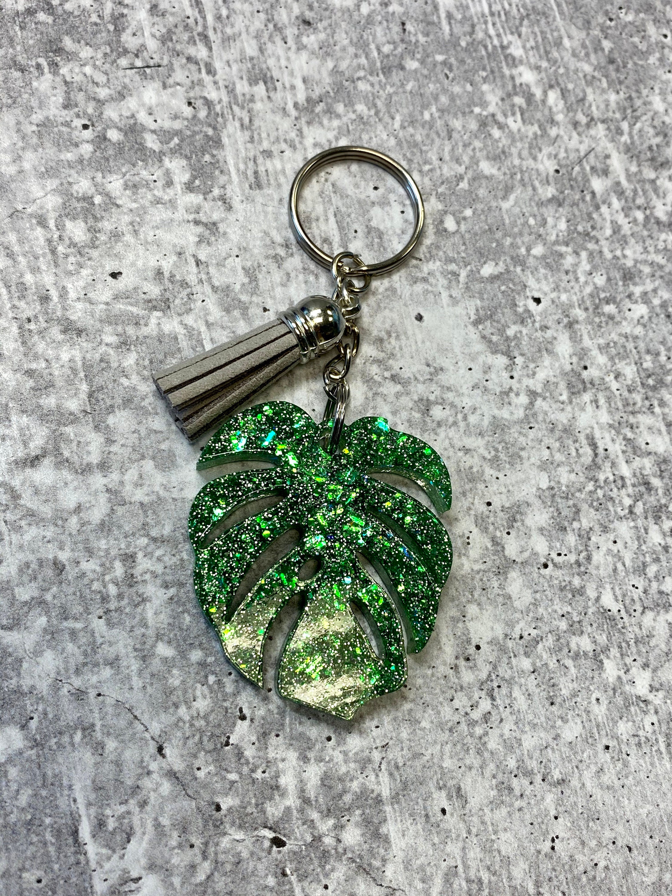 Green Glitter Monstera Leaf Keychain