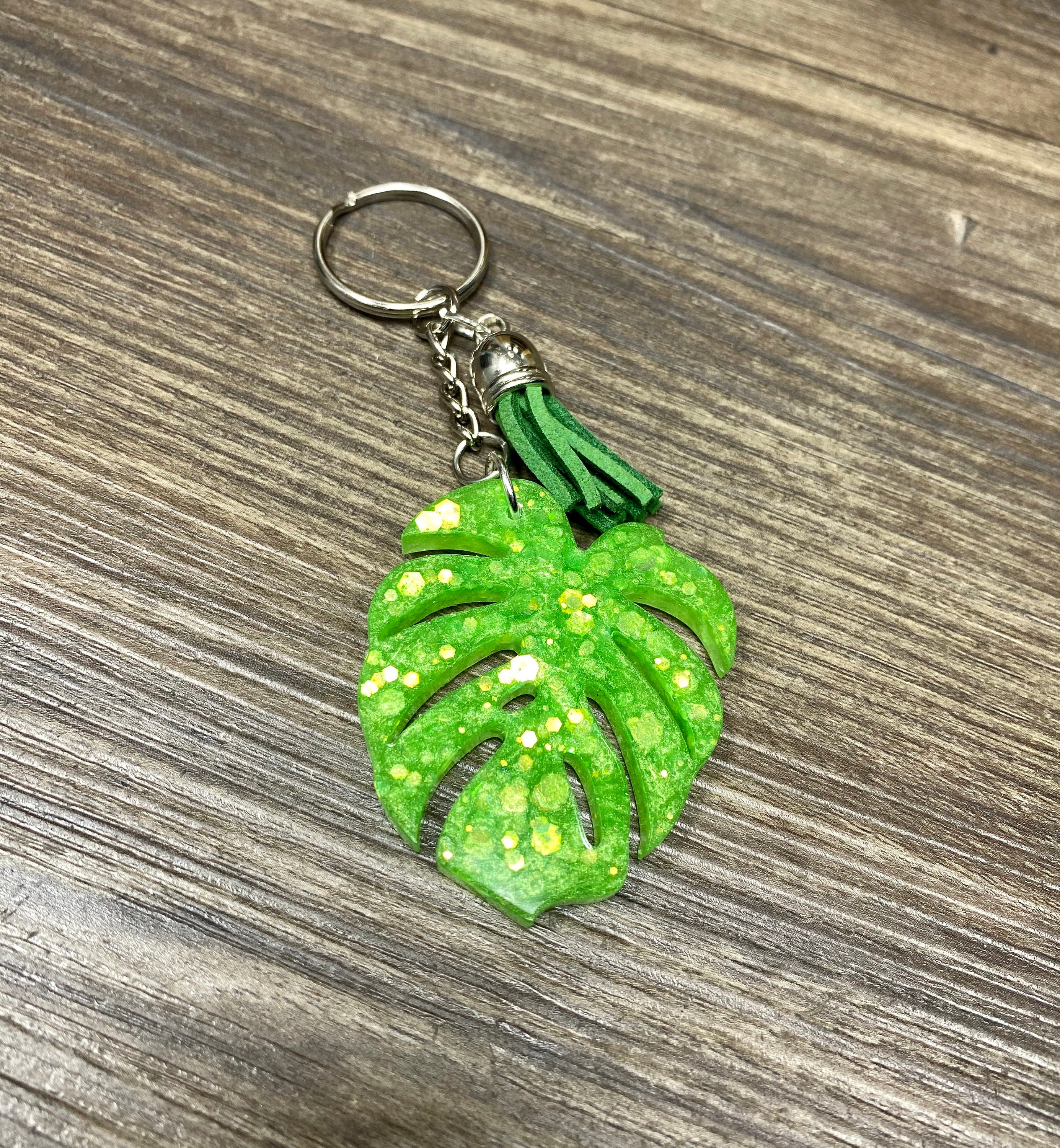 Green Glitter Monstera Leaf Keychain