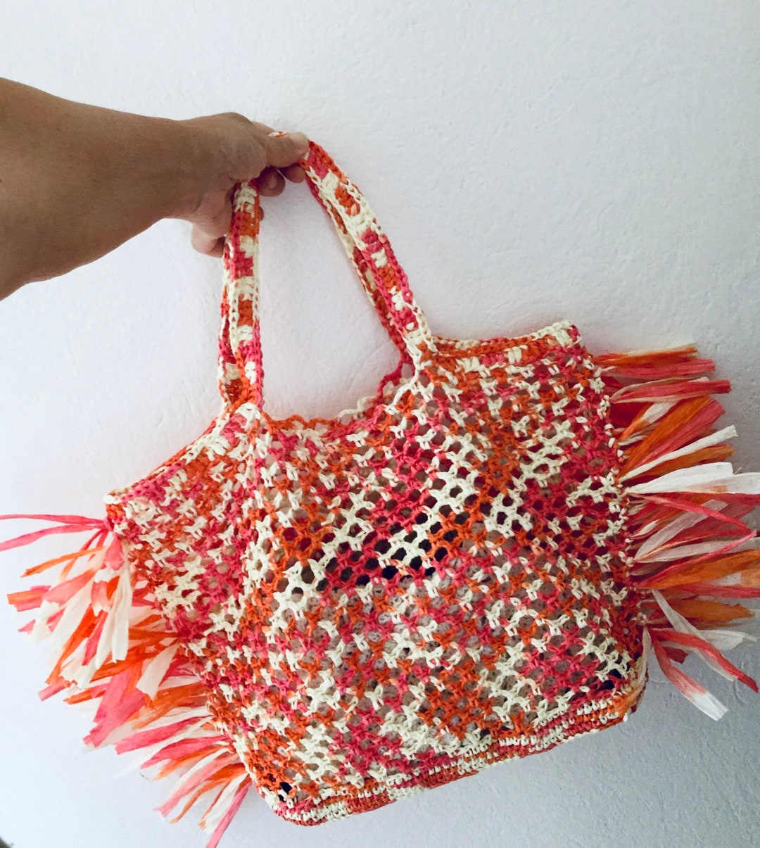 Bolso de rafia de crochet, shopper con flecos laterales largos, bolso ...