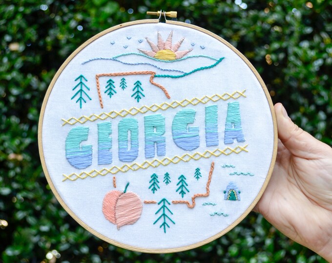 Georgia Embroidery Kit With a 9” Hand Screen-printed Sampler and 6 Cute ...