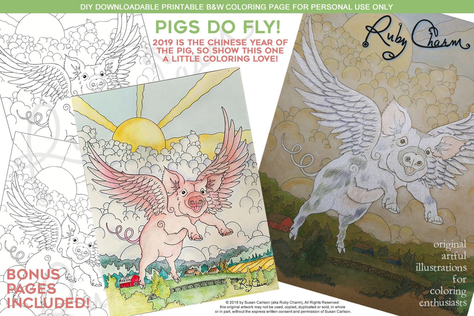 Flying Pig Downloadable PDF by Ruby Charm Colors: Print and Color Adult ...