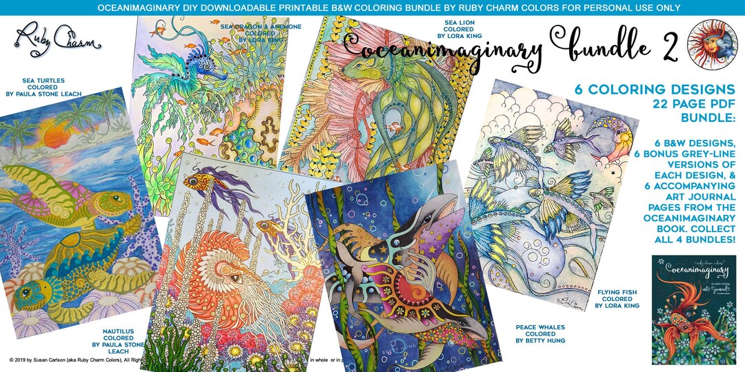 Oceanimaginary BUNDLE 2: 6 Ocean Theme Adult Coloring Pages, Colouring ...