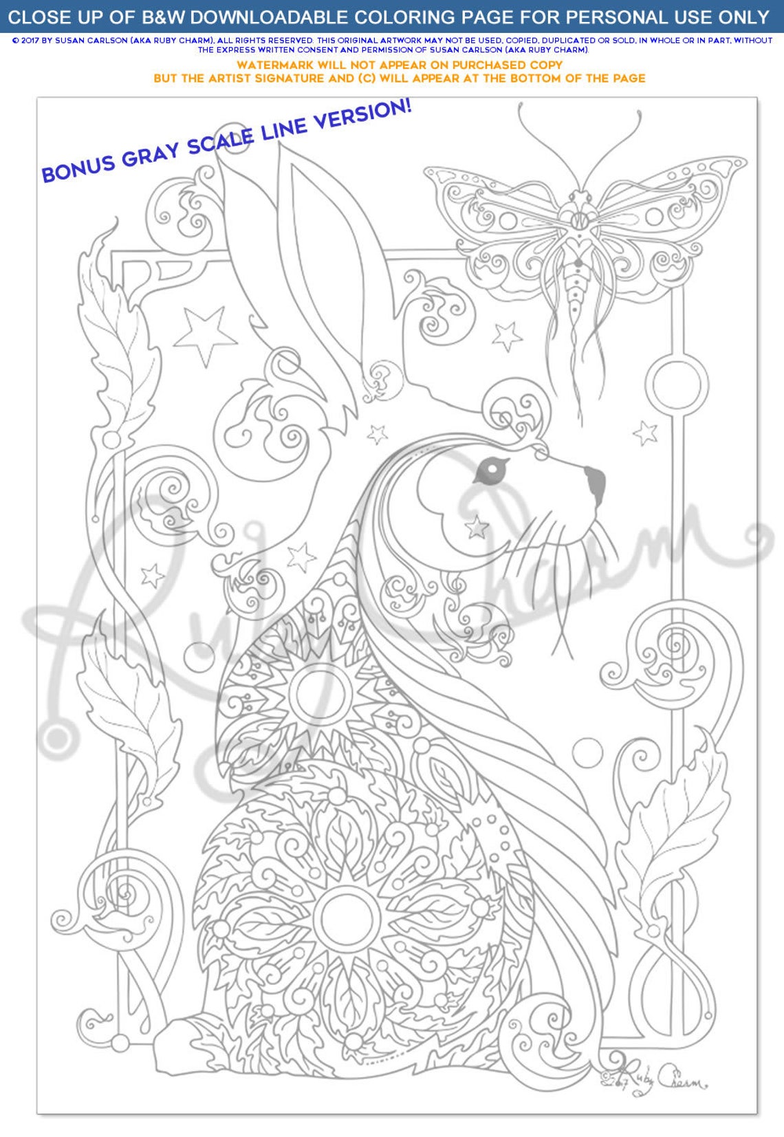RABBIT Nouveau Downloadable Printable Adult Coloring PDF Page - Etsy