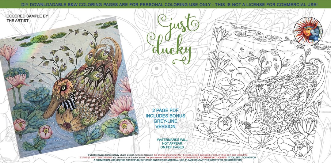Just Ducky: Downloadable 2-page PDF, Coloring Page, Print, Color, Adult ...