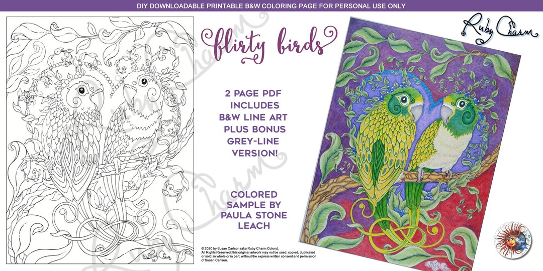 Flirty Birds: Printable, Downloadable PDF by Ruby Charm Colors, Print & Color, Adult Coloring ...