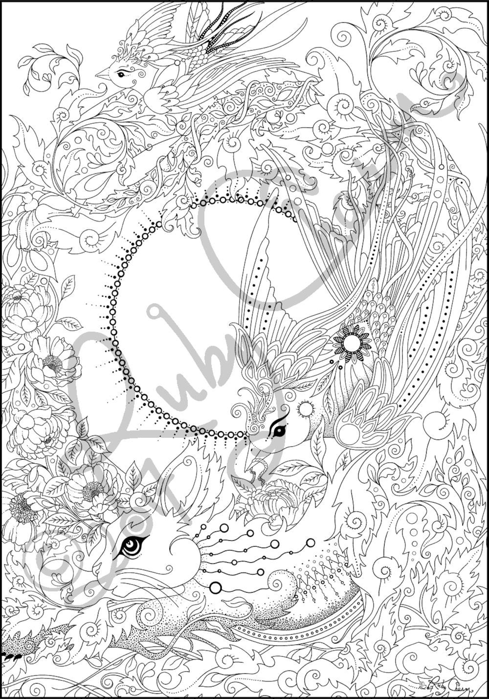 CAT BIRDS Downloadable Printable Adult Coloring Page PDF, Ruby Charm ...
