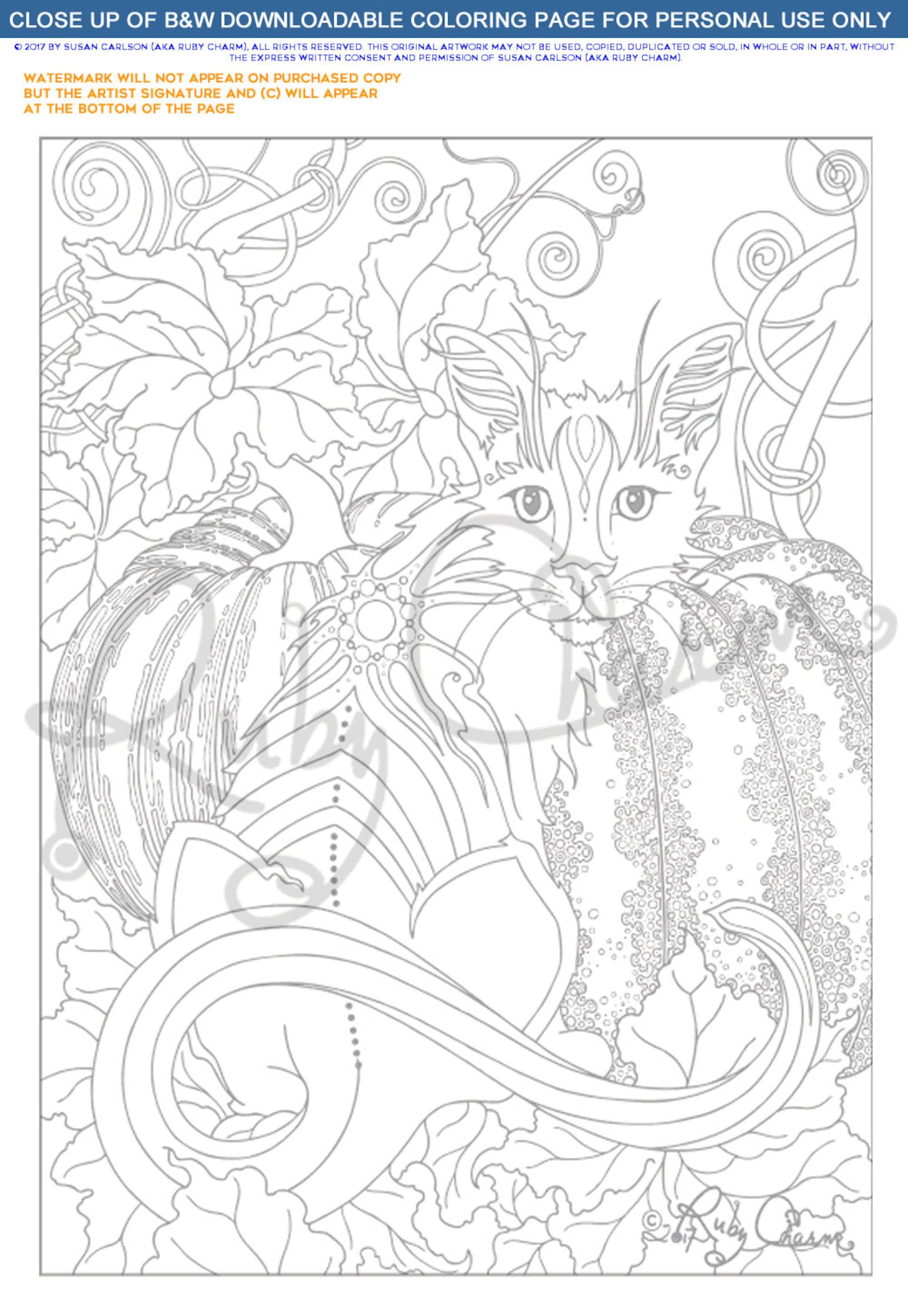 AUTUMN CAT Downloadable Printable Adult Coloring Page PDF - Etsy