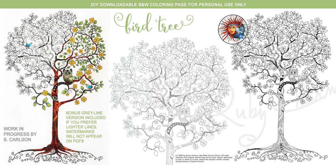Bird Tree: Downloadable PDF Coloring Page Print Color Adult | Etsy
