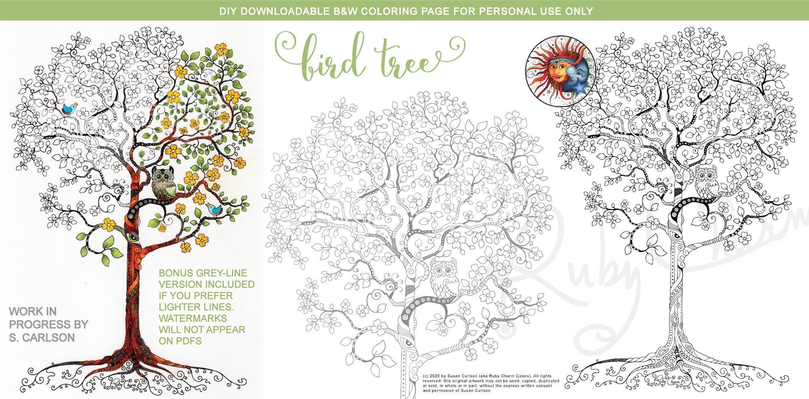 Bird Tree: Downloadable PDF Coloring Page Print Color Adult | Etsy