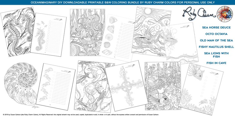 Oceanimaginary BUNDLE 4: 6 ocean theme adult coloring pages | Etsy