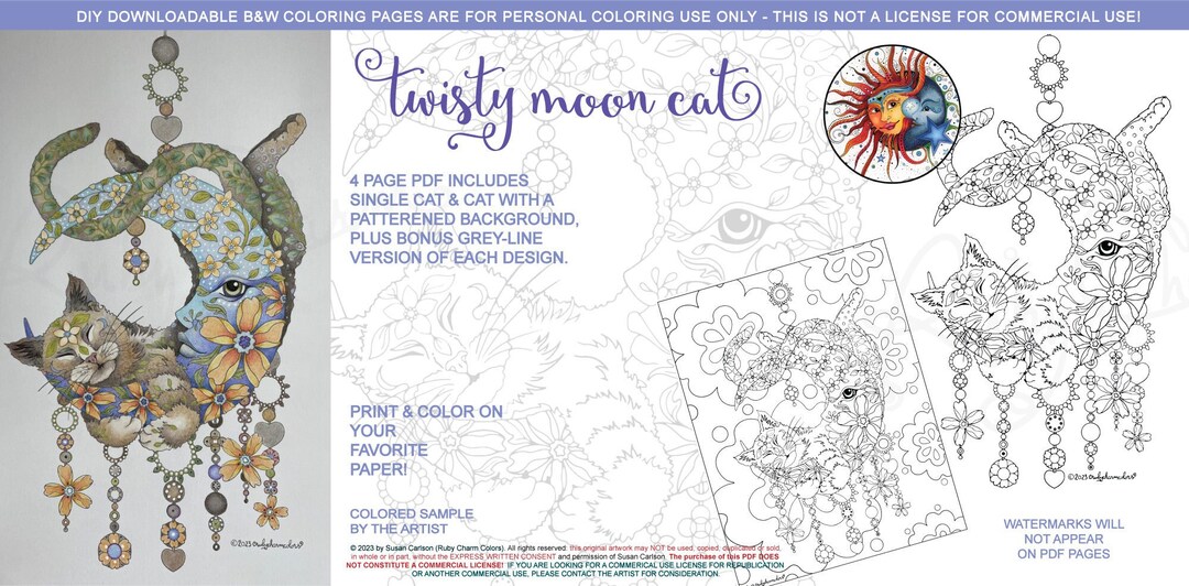Twisty Moon Cat: Downloadable 4-page PDF, Coloring Page, Print, Color ...