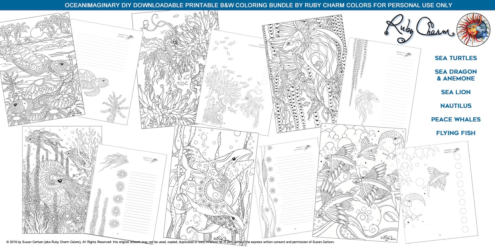 Oceanimaginary BUNDLE 2: 6 Ocean Theme Adult Coloring Pages, Colouring ...