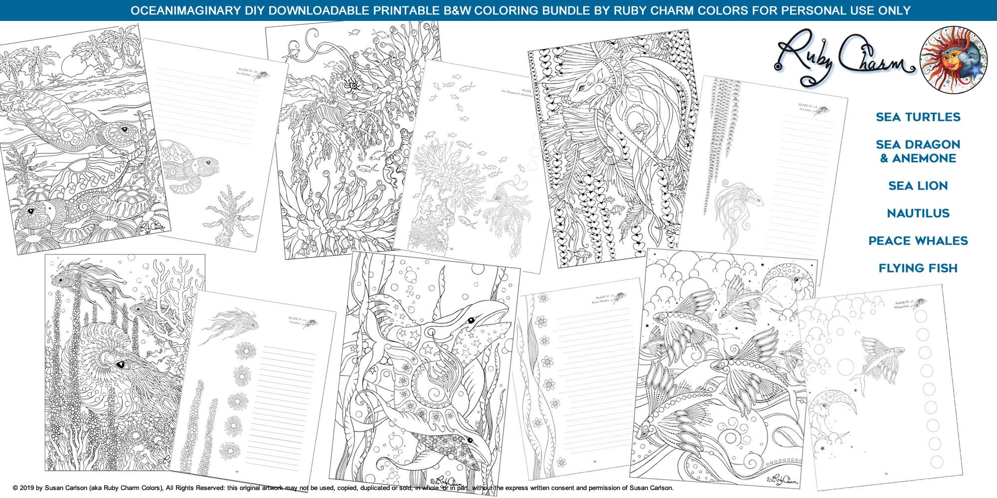 Oceanimaginary BUNDLE 2: 6 Ocean Theme Adult Coloring Pages | Etsy