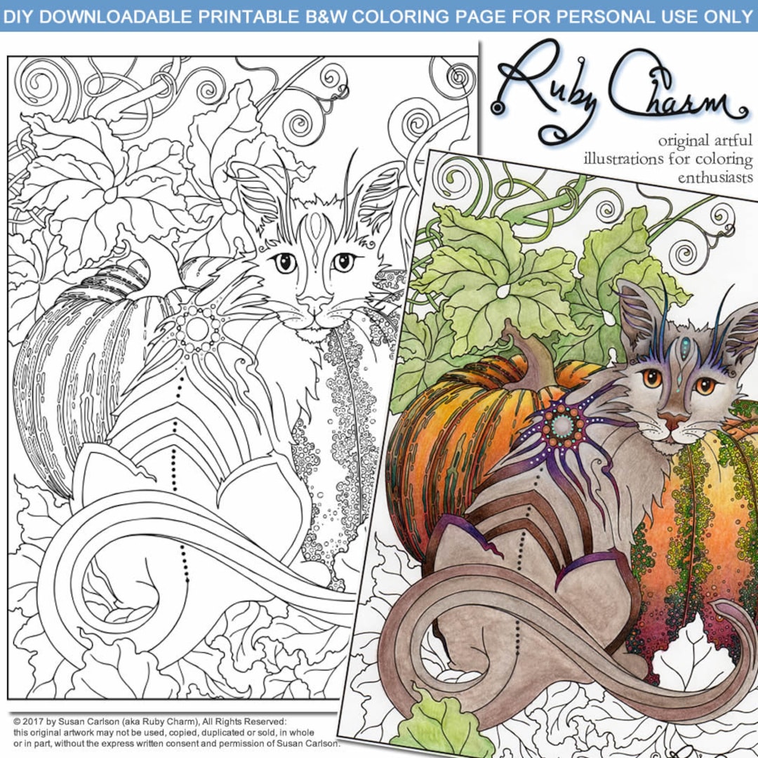 AUTUMN CAT Downloadable Printable Adult Coloring Page PDF, Ruby Charm ...