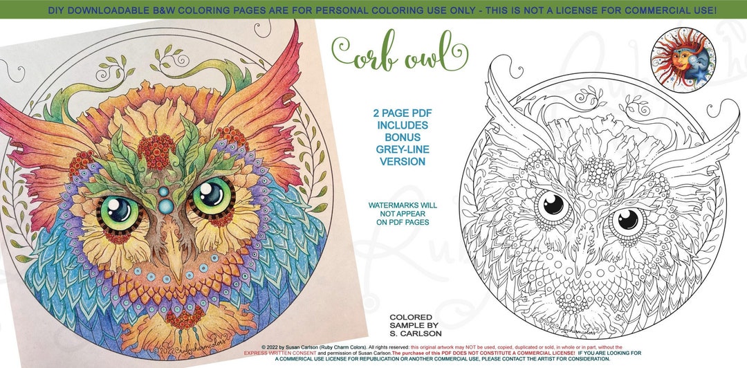 Owl Orb: Downloadable 2-page PDF, Coloring Page, Print, Color, Adult ...