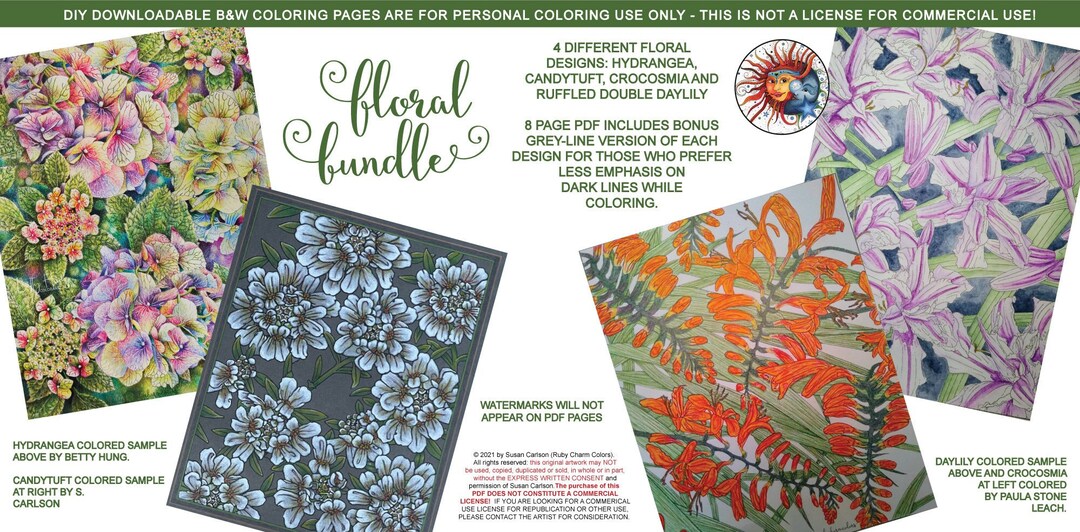 Flora Bundle: Downloadable Printable 8-page PDF for Coloring, Flowers ...