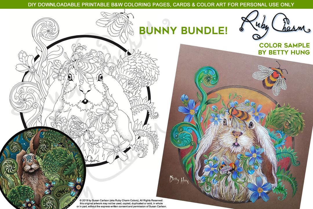 BUNNY BUNDLE: Downloadable, Printable PDF Coloring Pages, Greeting ...