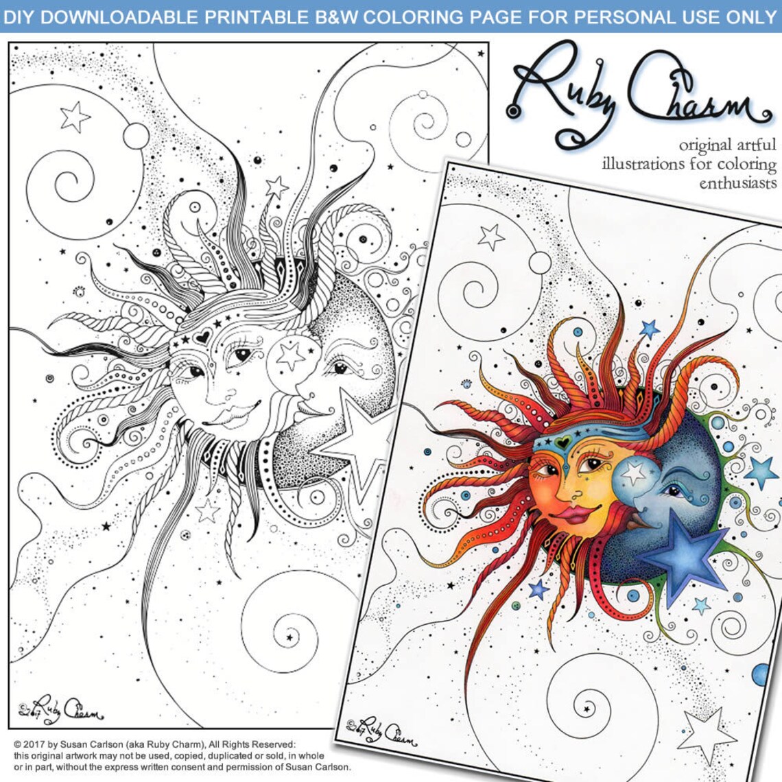 Coloring Page: SUN and MOON DIY Download & Print Ruby Charm | Etsy