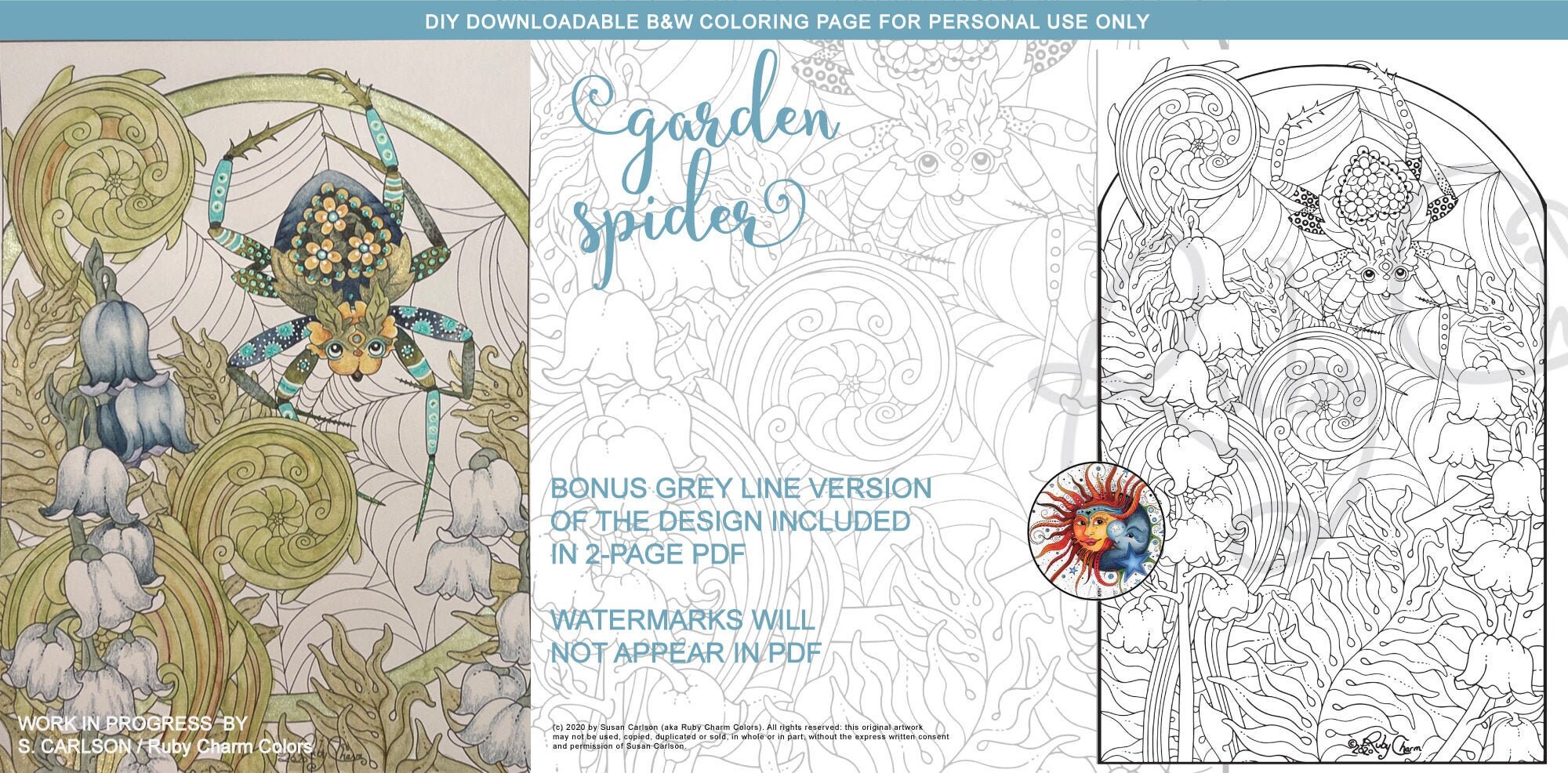 Garden Spider: downloadable printable PDF coloring page by | Etsy