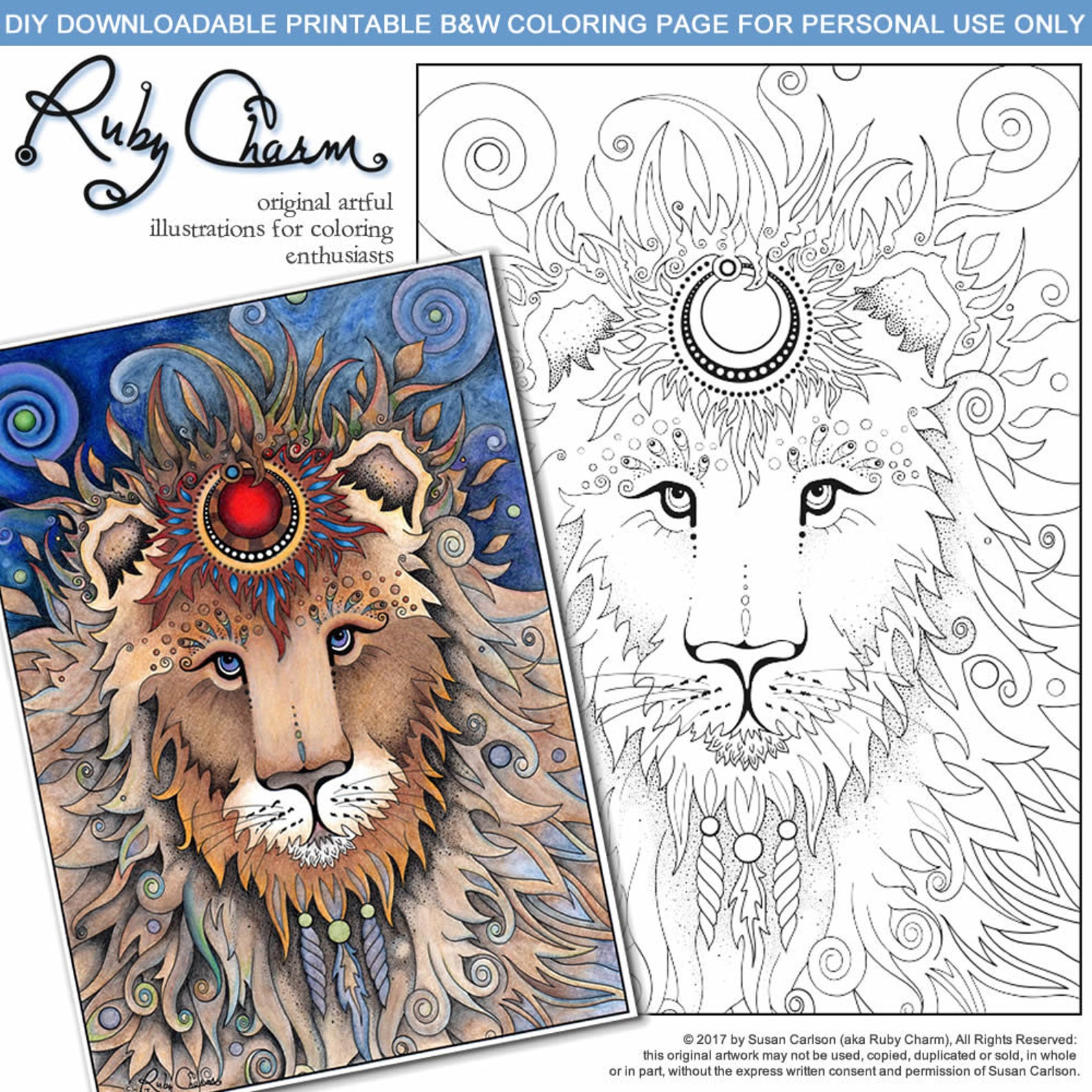 LION Downloadable Printable Adult Coloring PDF Page Ruby - Etsy