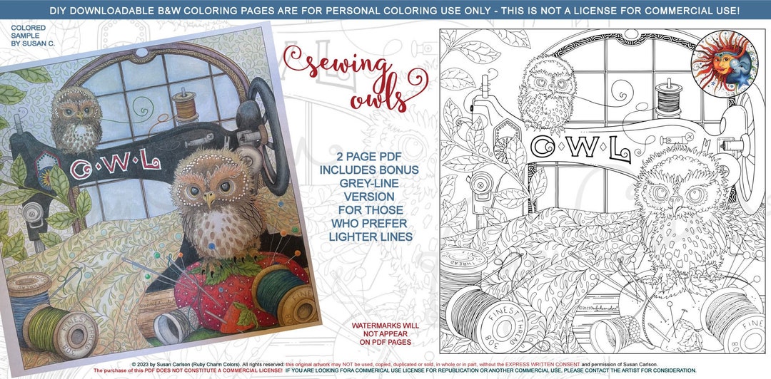 Sewing Owls: Downloadable, Printable 2-page PDF for Coloring, Vintage ...