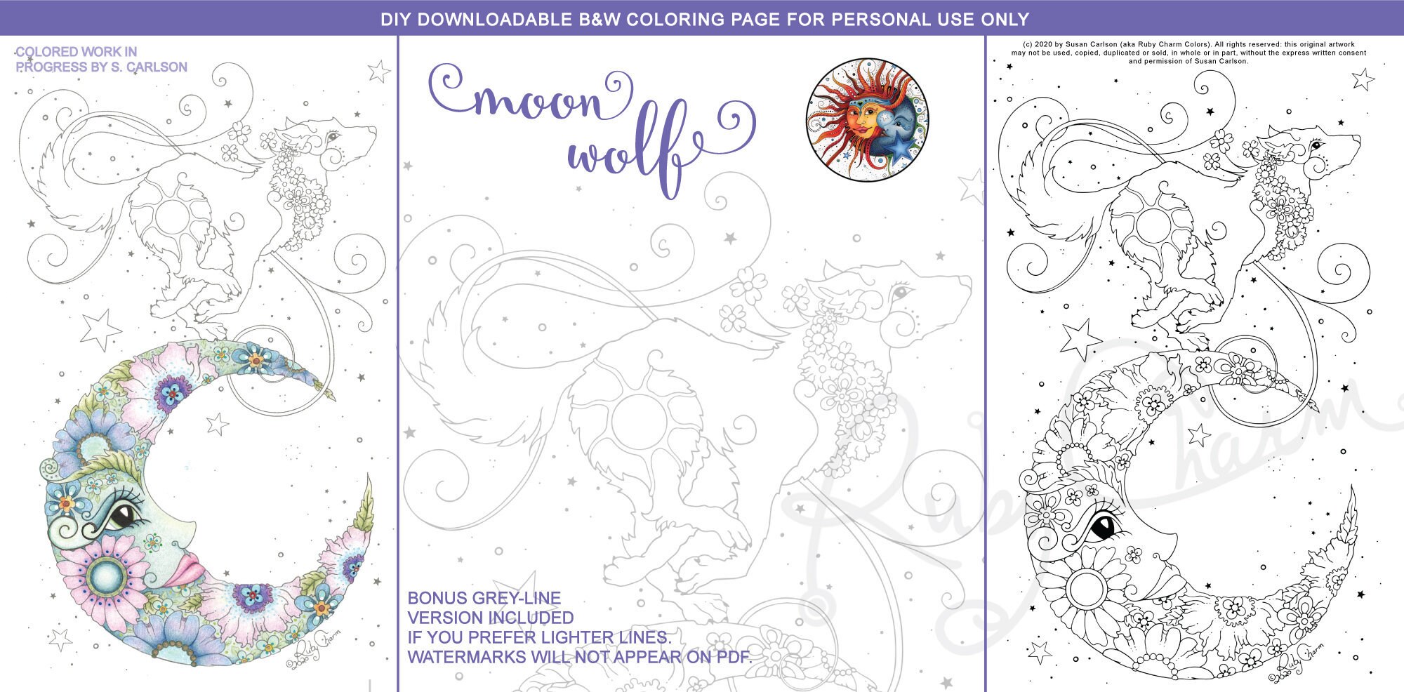 Moon Wolf: downloadable PDF coloring page print color adult - Etsy México