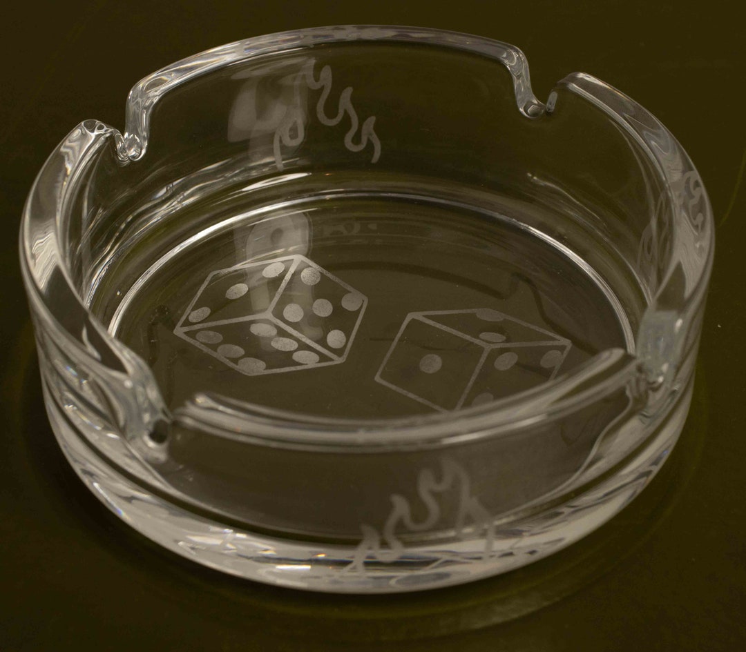 Handmade Etched Dice and Flames Glass Ashtray 10cm. Grunge Home Deco ...