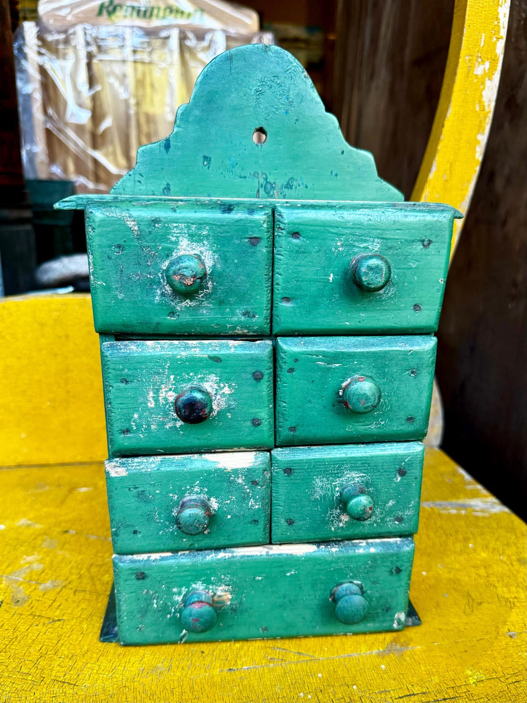Primitive Wood Spices Cabinet Apothecary Antique 7 Drawer Green Paint ...