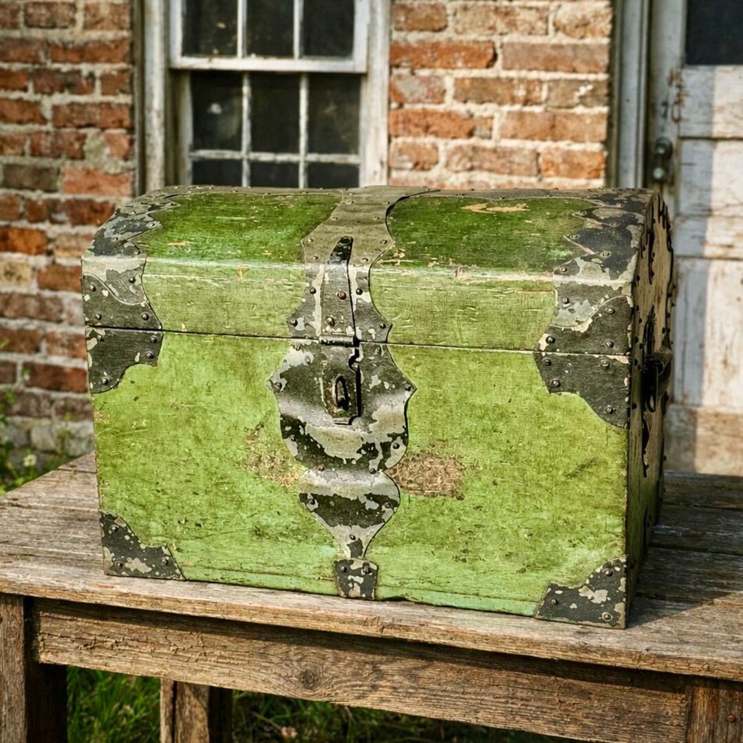 Rare Antique Norwegian Wooden Immigrant Trunk Chest Old Green Paint ...