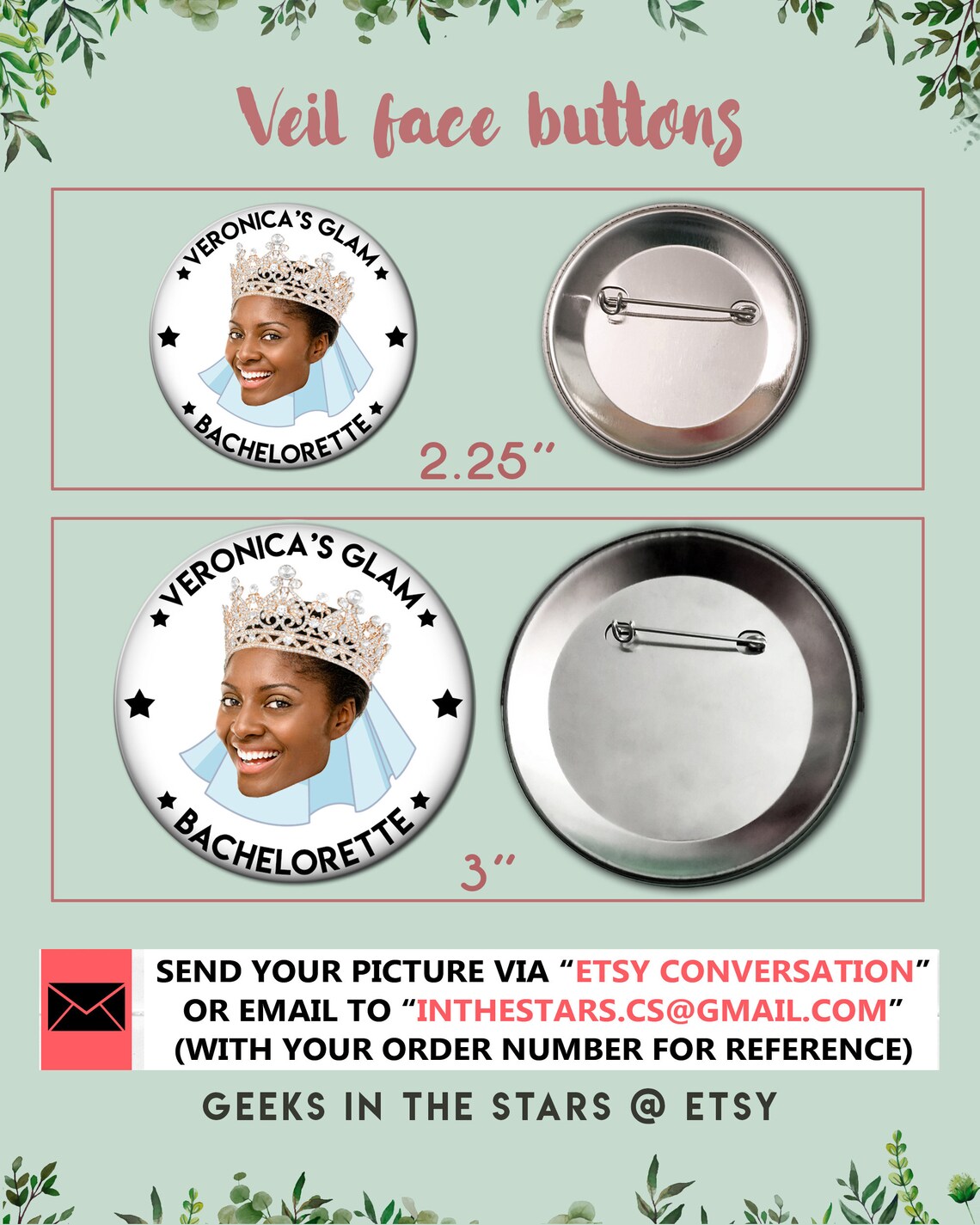 Custom Veil Buttons Personalized Picture Pins Size - Etsy