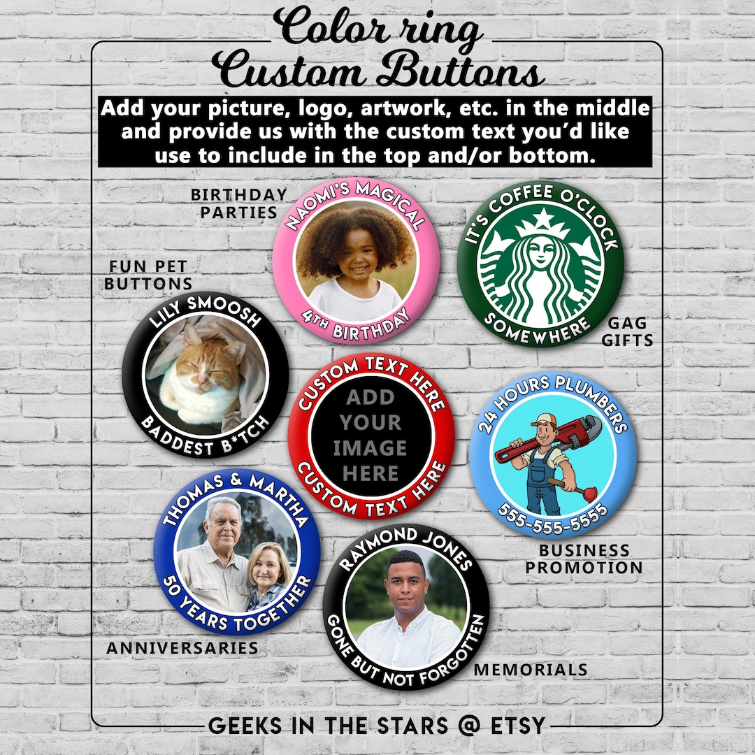 Color Ring Custom Photo and Text Buttons Size 2.25 Personalized ...