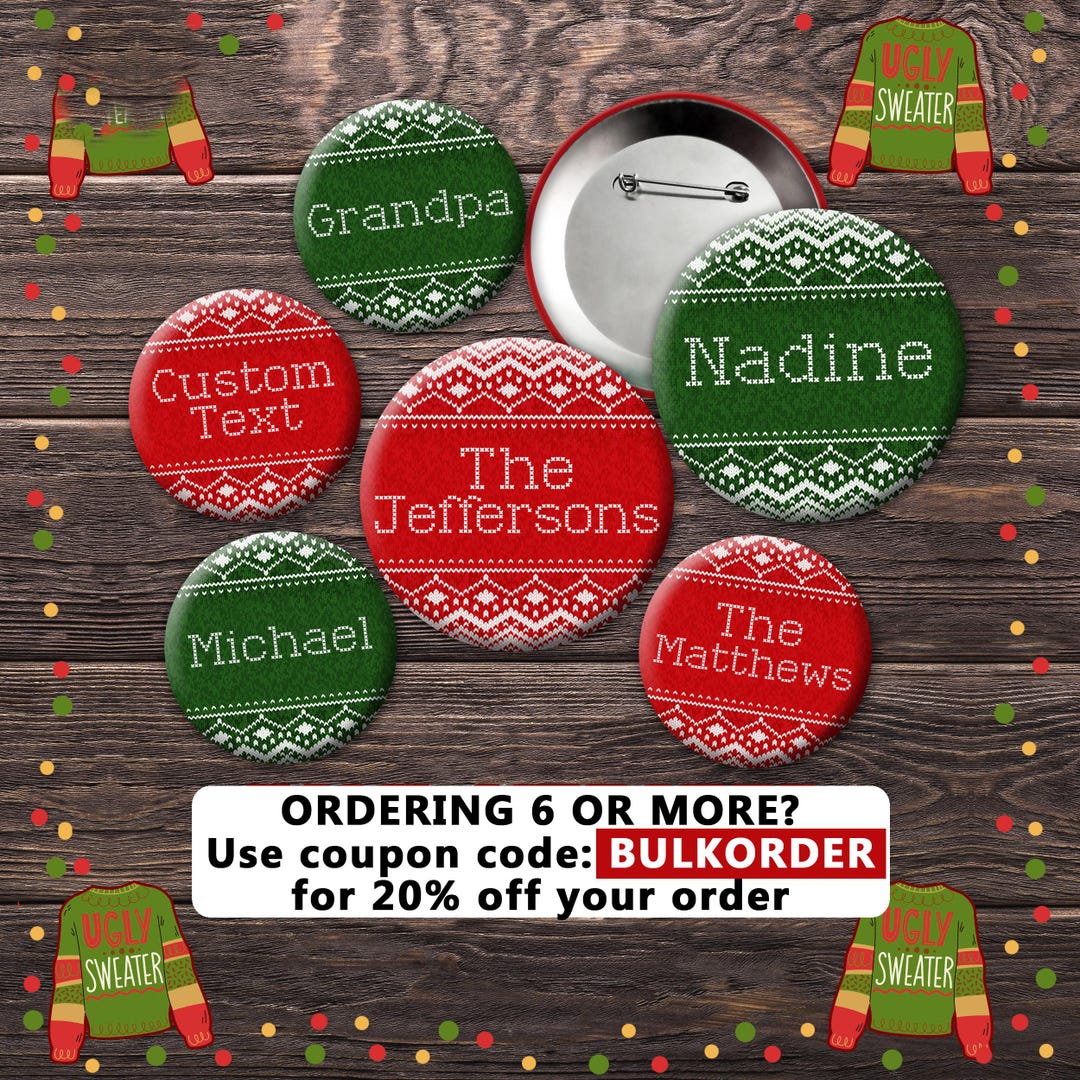 Christmas Custom Name Tag Pins - Personalized Xmas Buttons With Text or ...