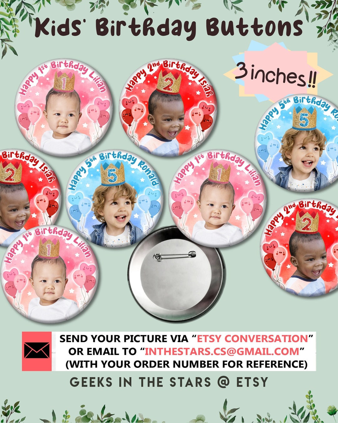 Kids' Crown Custom Birthday Button Pins 3 Inches Bday Party Favors ...