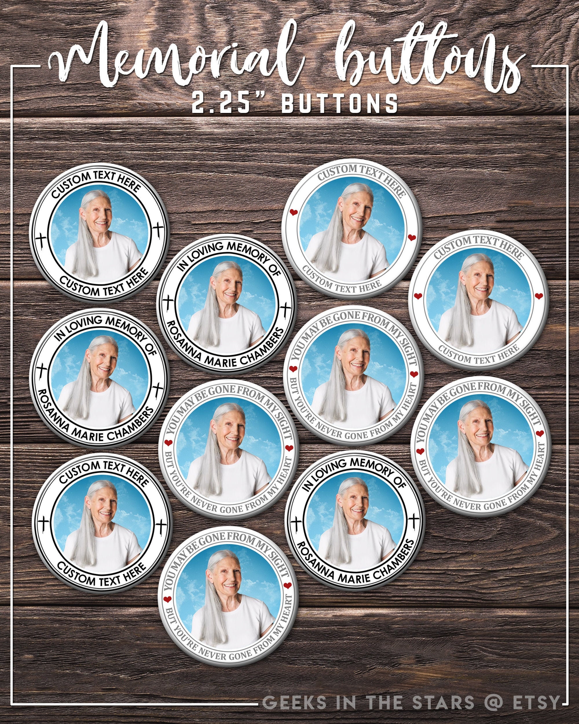 Memorial Buttons Custom picture and custom text Size | Etsy