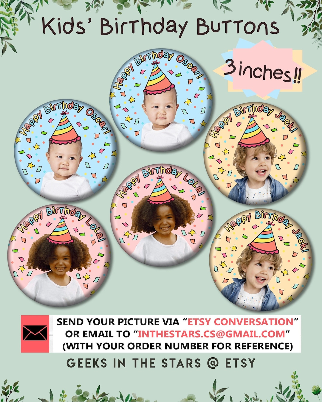 Kids' Custom Birthday Button Pins | 3 Inches | Bday Party Favors ...