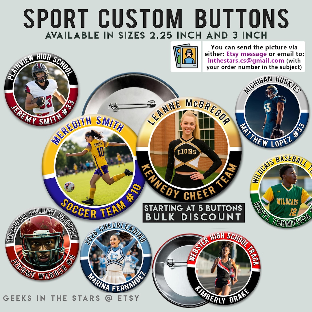 Large Custom Sport Buttons: Personalized Cheer, Football, Baseball ...