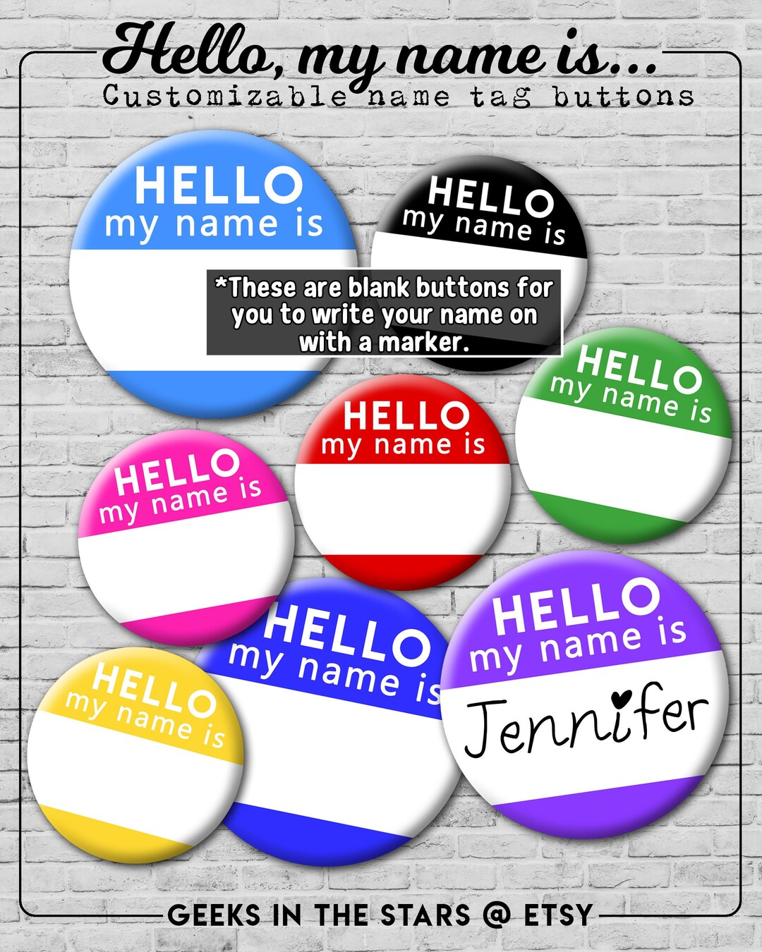 Reusable Name Tag Buttons Hello My Name is Sizes 2.25 and 3 Blank ...