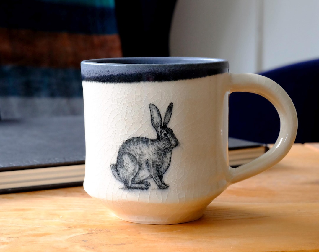 Handmade Ceramic Cup, Mug, With a Bunny Rabbit on Ivory and Slate Black ...
