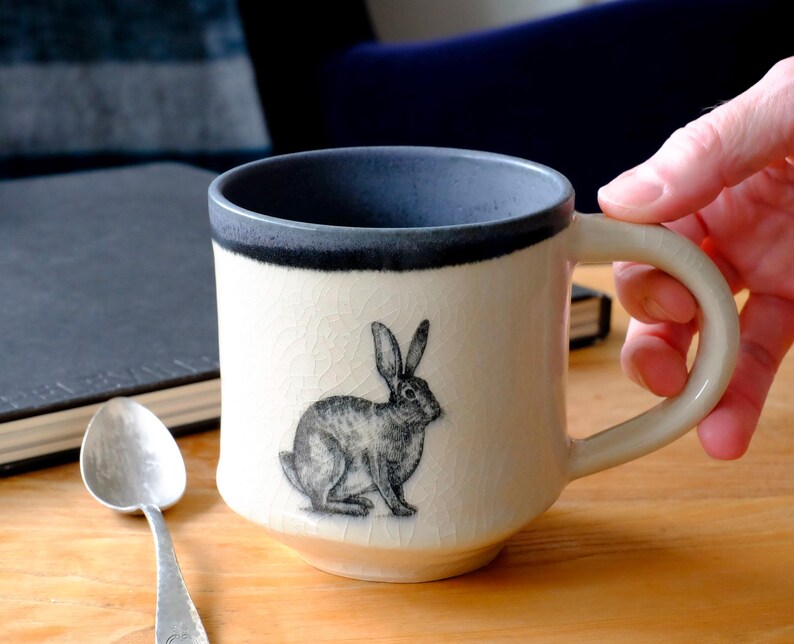Handmade Ceramic Cup, Mug, With a Bunny Rabbit on Ivory and Slate Black ...