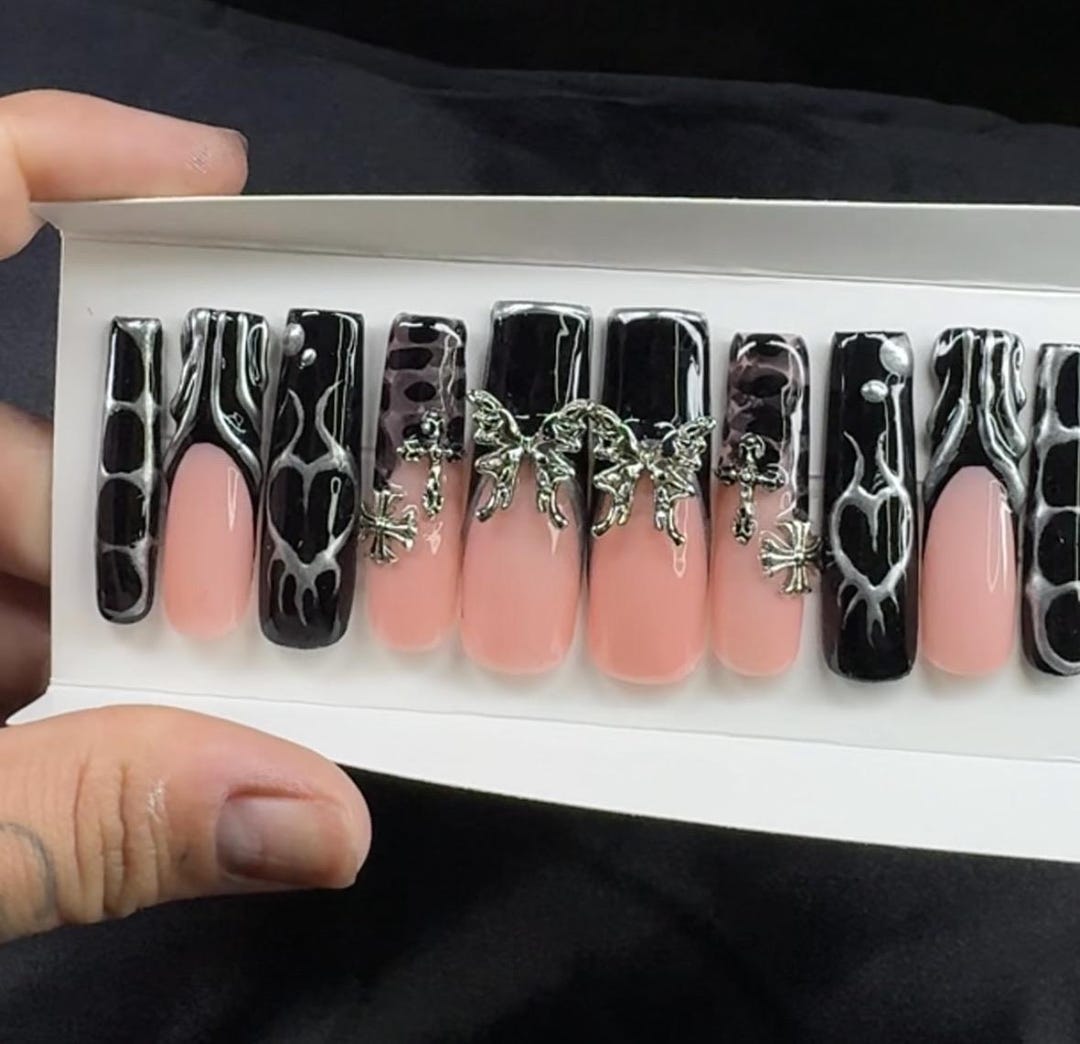 Gaudy Black & Chrome Charmed French Tip Gel-x Press-ons - Etsy