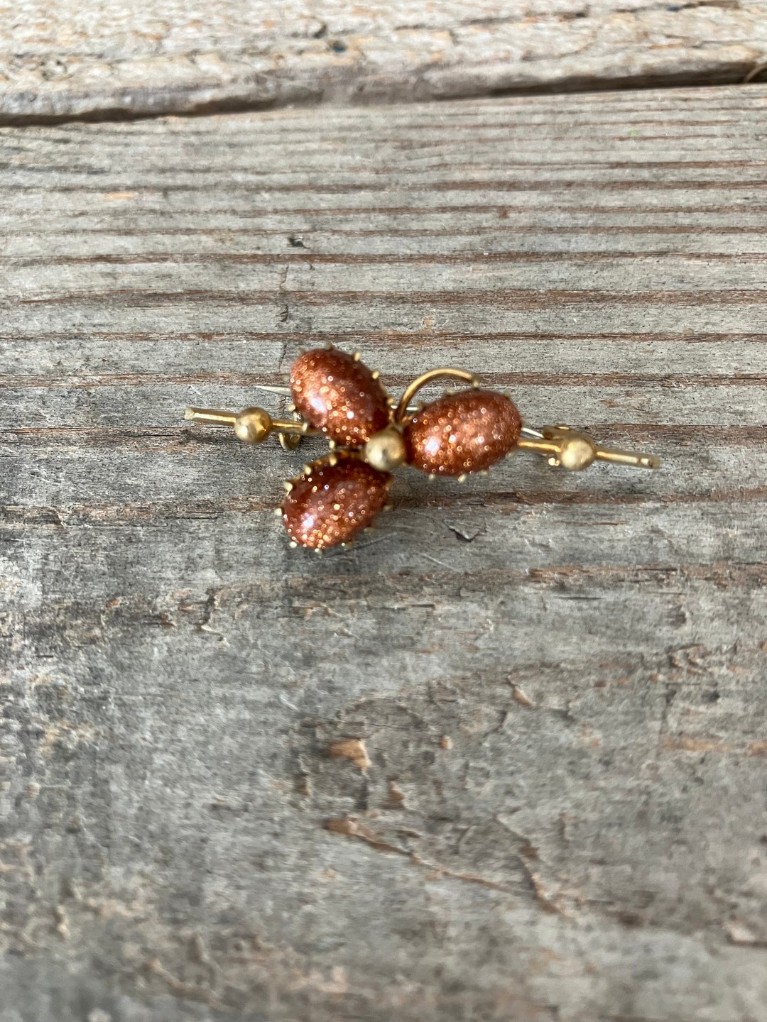 Antique Victorian Goldstone Clover Gold Plated Brass Pin Brooch Dainty ...