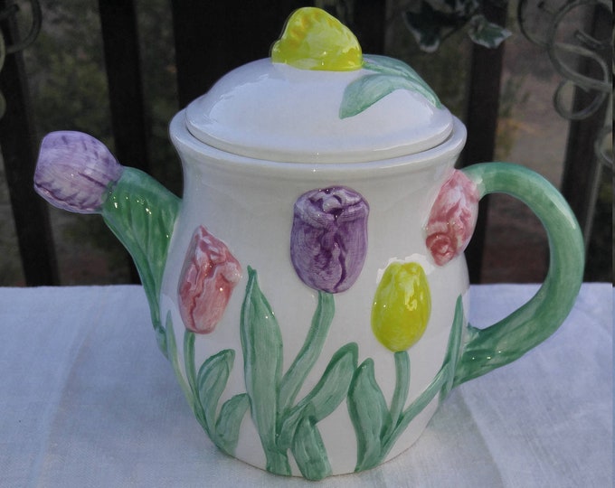 Enesco Springtime Tulips Hand Painted Teapot, Tulips Figural Teapot ...