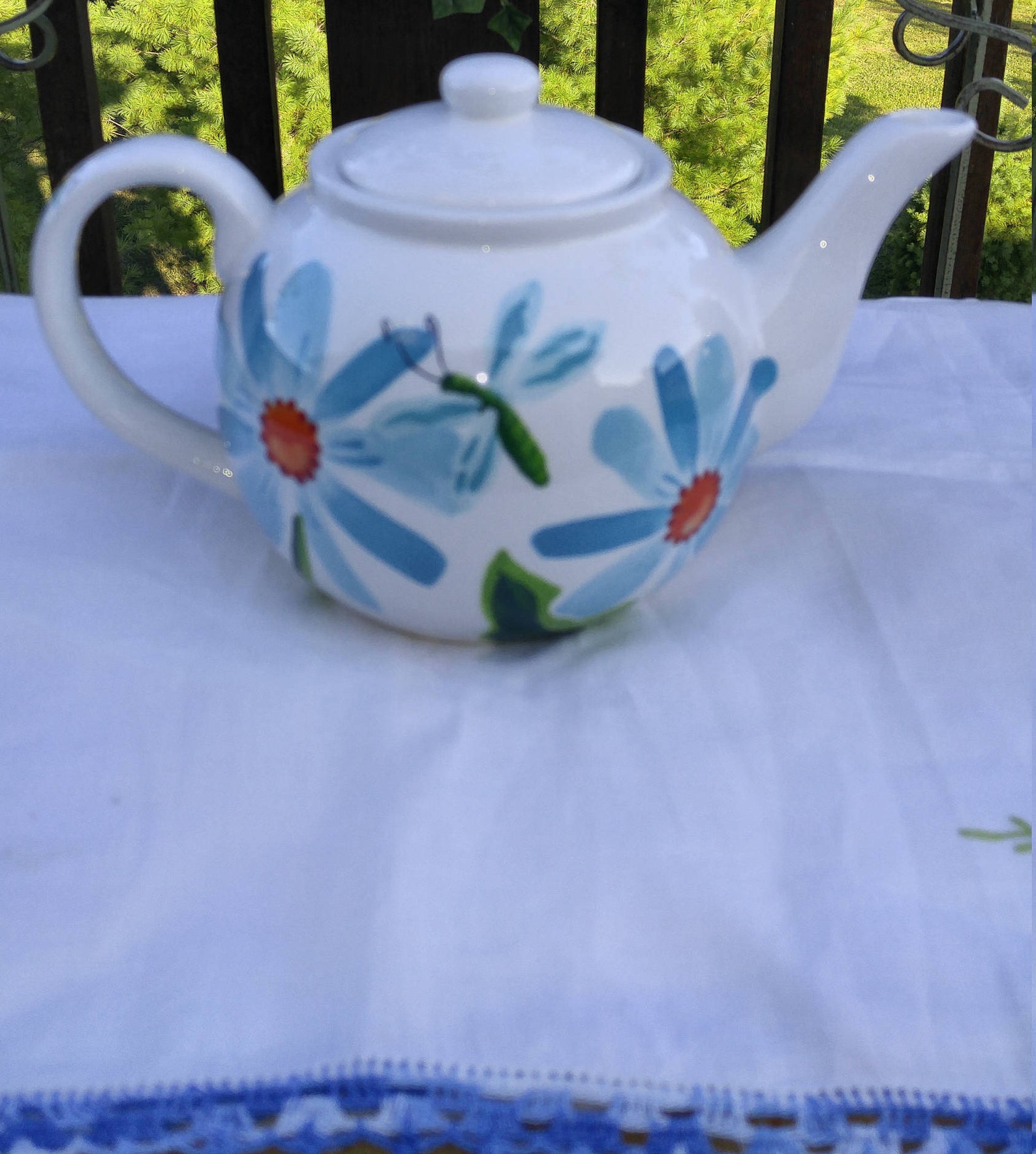 Burton & Burton Blue Flowers and Butterflies Hand Painted Teapot ...