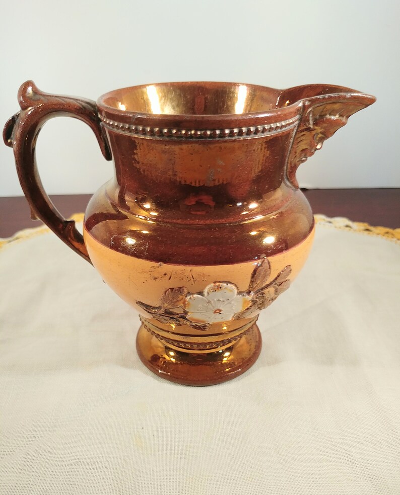Large Antique Copper Luster Pitcher Jug With Raised Embossed - Etsy