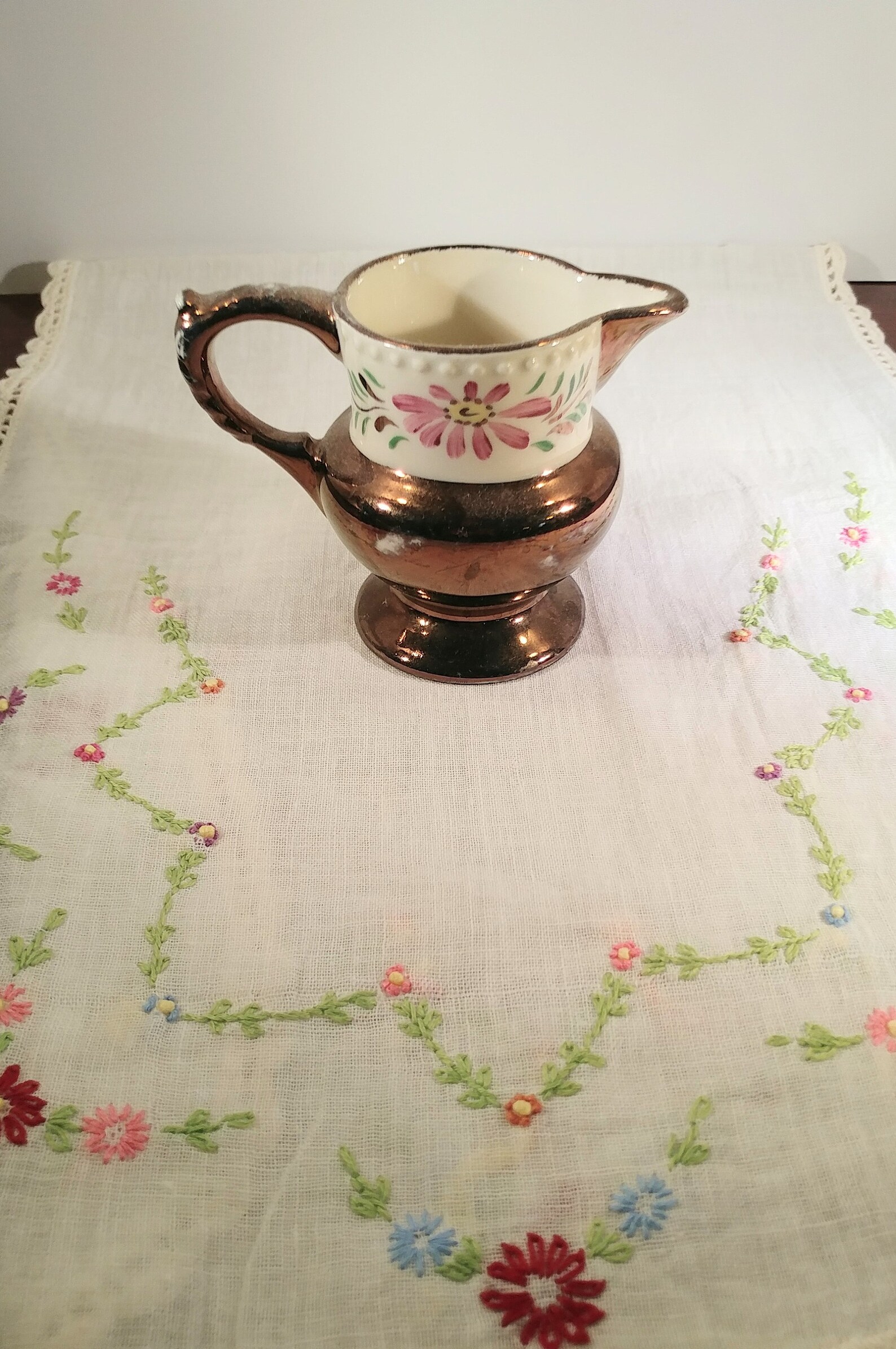 Antique English Copper Luster Pedestal Creamer Jug With Hand Painted ...