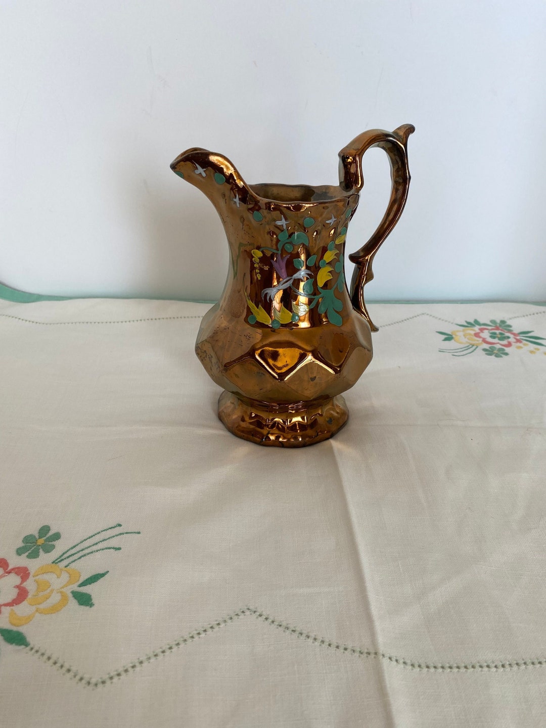 Antique Large English Copper Luster Pitcher Jug With Hand Painted ...