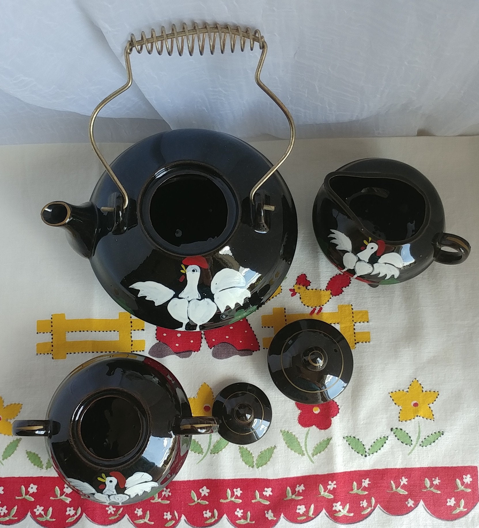 Jaunty Crowing Rooster Hand Painted Brown Betty Tea Set | Etsy