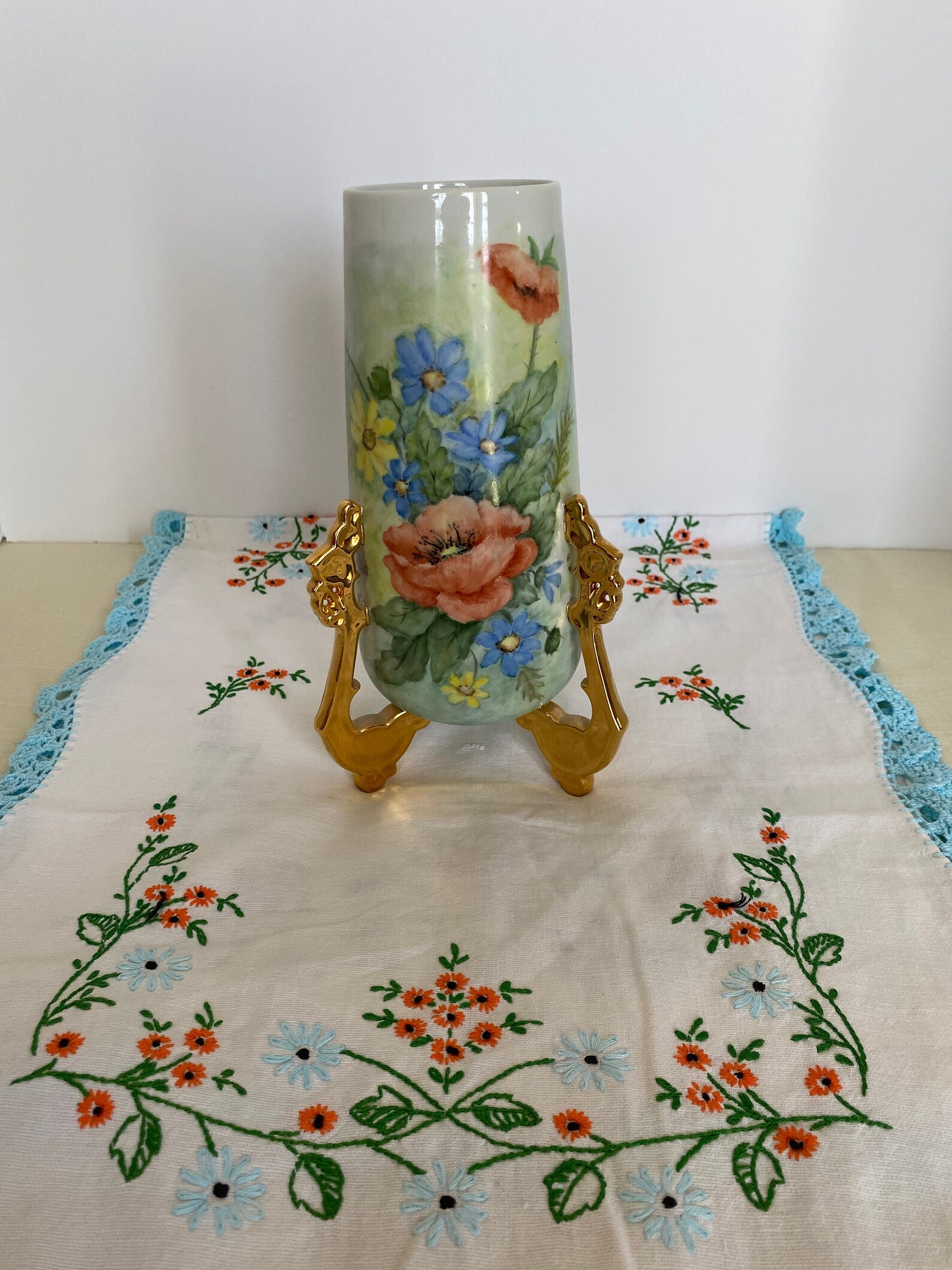 Vintage Hand Painted Tall Floral Vase With Hand Painted Gold Legs ...