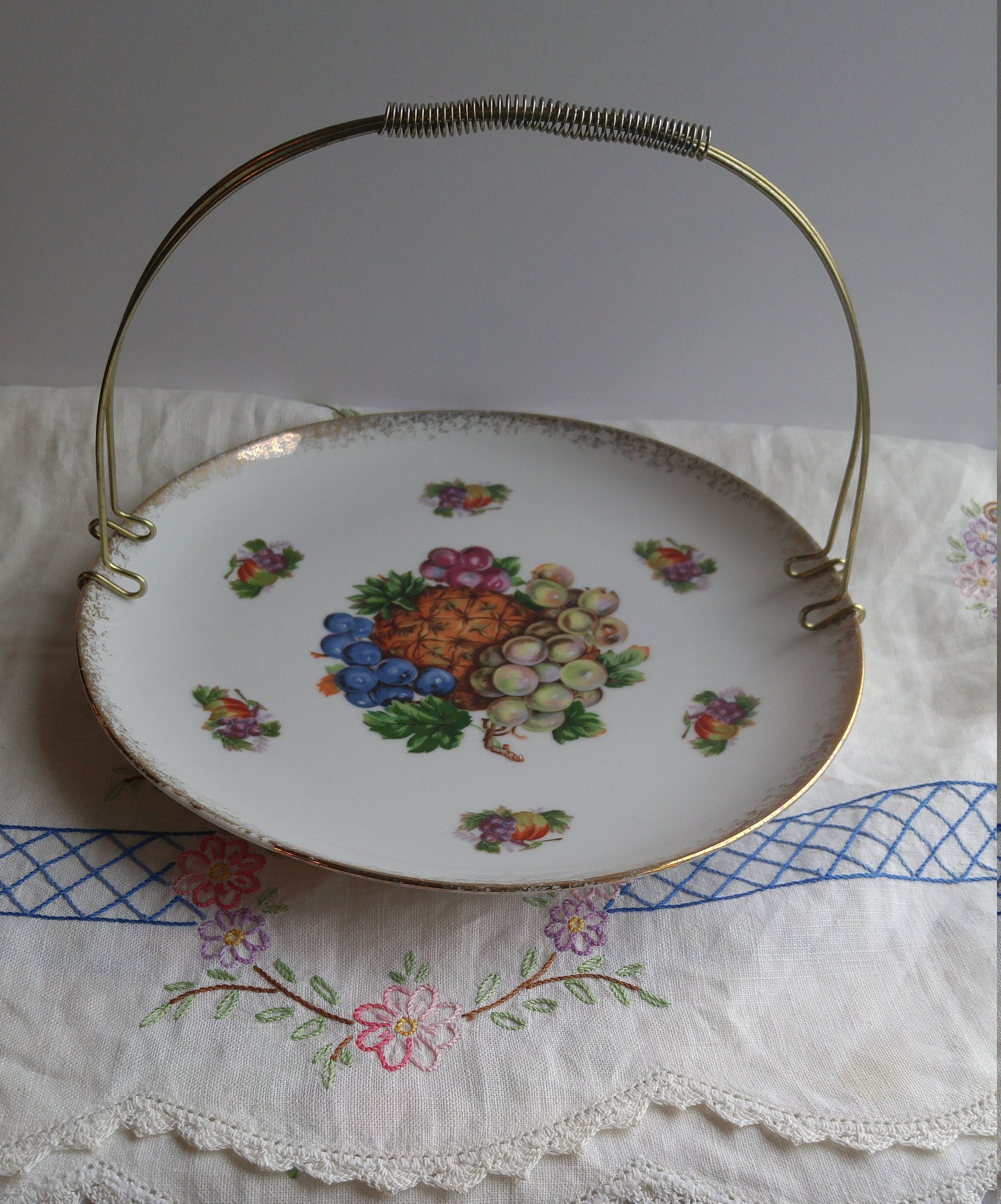 Vintage Fruit Pattern Serving Plate With Detachable Metal Handle ...